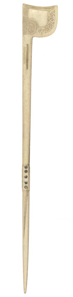 Tewhatewha (a Maori weapon) with carved, shell-inlaid handle [realia].