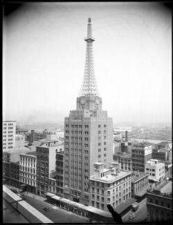 View of AWA [i.e. Amalgamated Wireless Australasia] tower construction ...