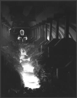 Comalco alumina potline with operator at end, Bell Bay, Tasmania, 1968 ...