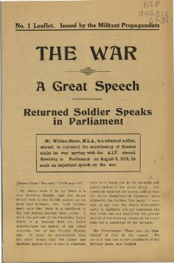 The war : a great speech : returned soldier speaks in Parliament.